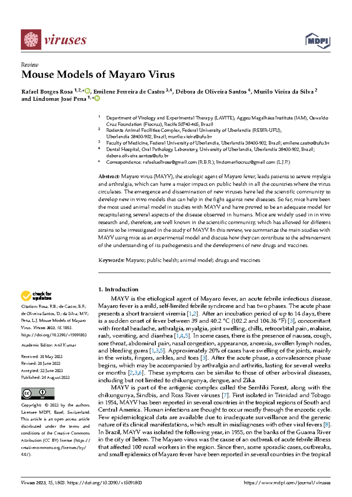 Mouse Models of Mayaro Virus: A Comprehensive Review (Viruses 2023 ...