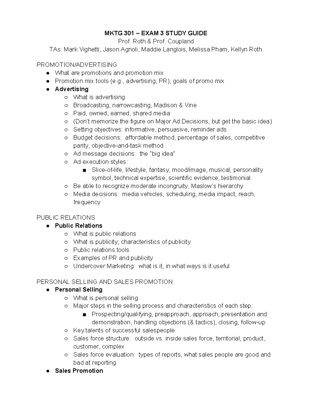 MKTG 301 - EXAM 3 STUDY GUIDE: Promotion, Pricing, and Channels - MKTG ...