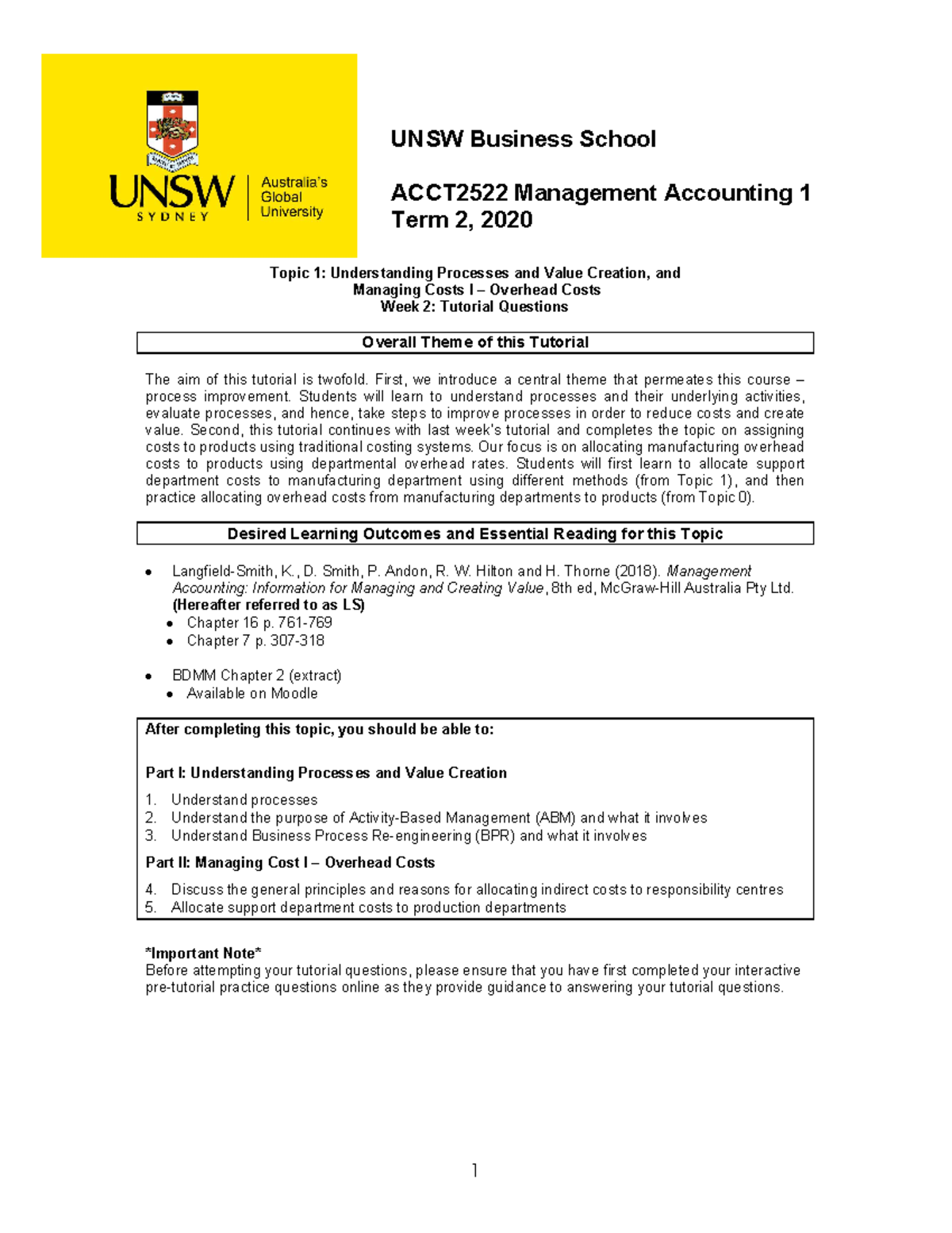 ACCT2522 Topic 1 Understanding Processes and Managing Costs I 2020 ...