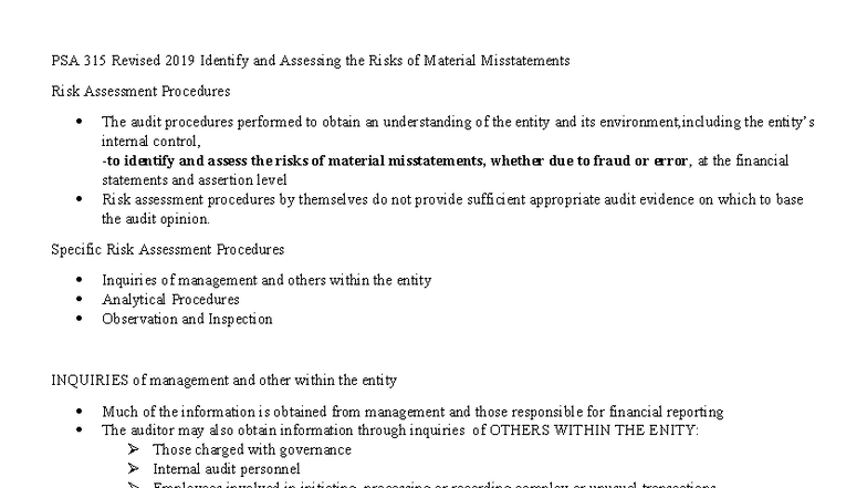 PSA 315 Revised 2019: Identifying & Assessing Material Misstatement ...