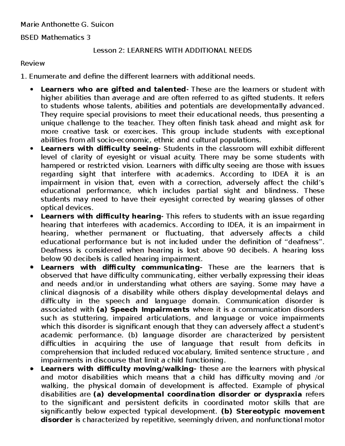PROF ED 4 Lesson 2: Understanding Learners with Additional Needs - Studocu