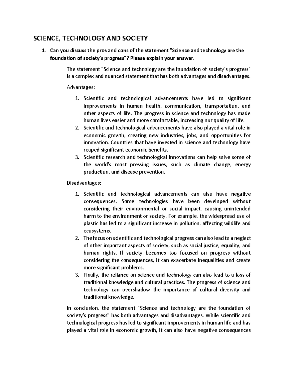STS Examining the Advantages and Disadvantages of Science and Tech ...