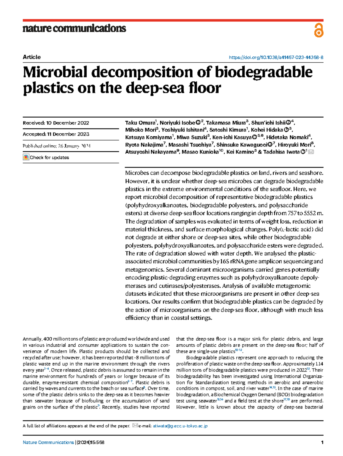 Microbial Decomposition of Biodegradable Plastics on the Seafloor ...