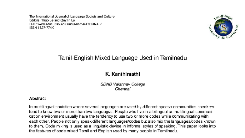 Code Mixing in Tamil and English: A Study of Tanglish Usage - Studocu