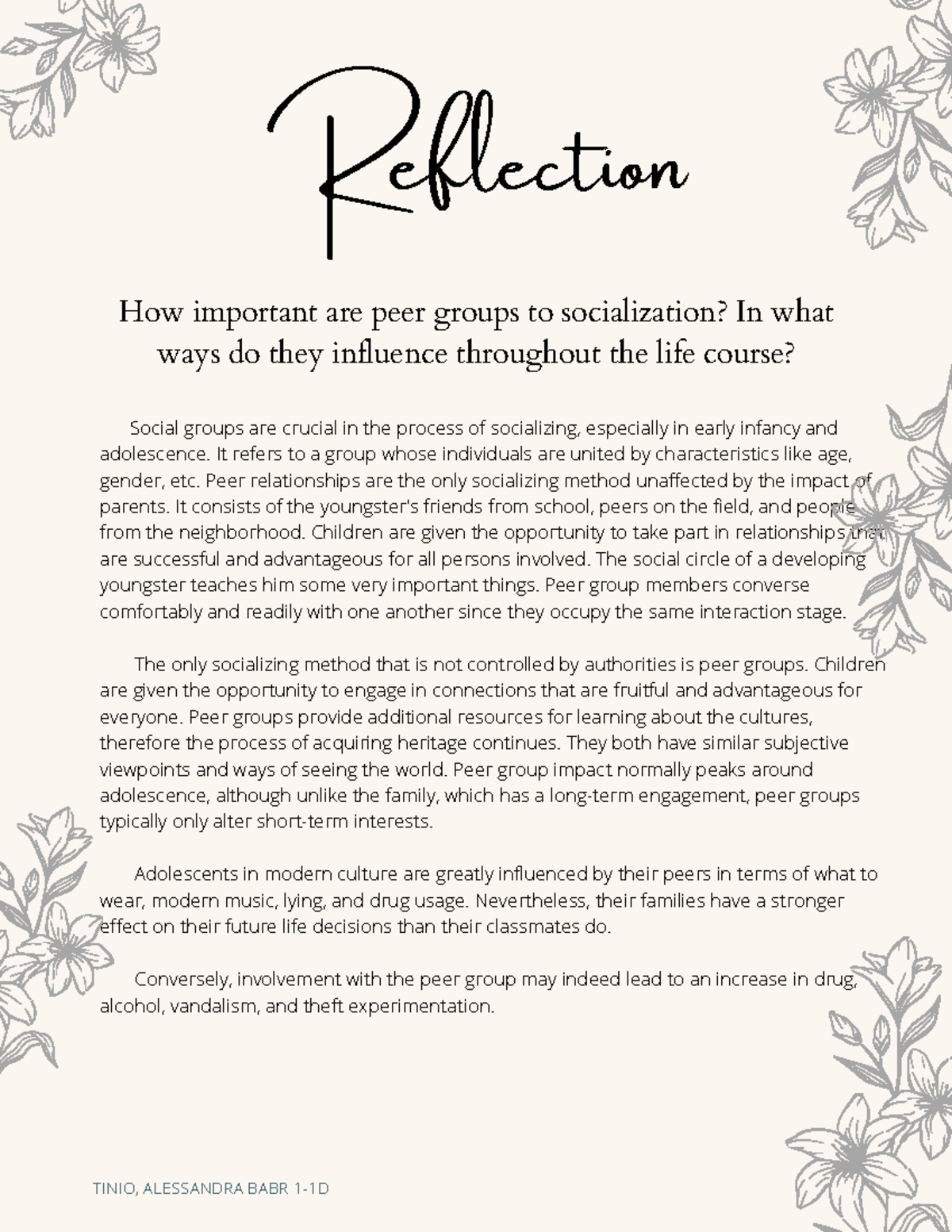 PPT Reflection: The Role of Peer Groups in Socialization - Studocu