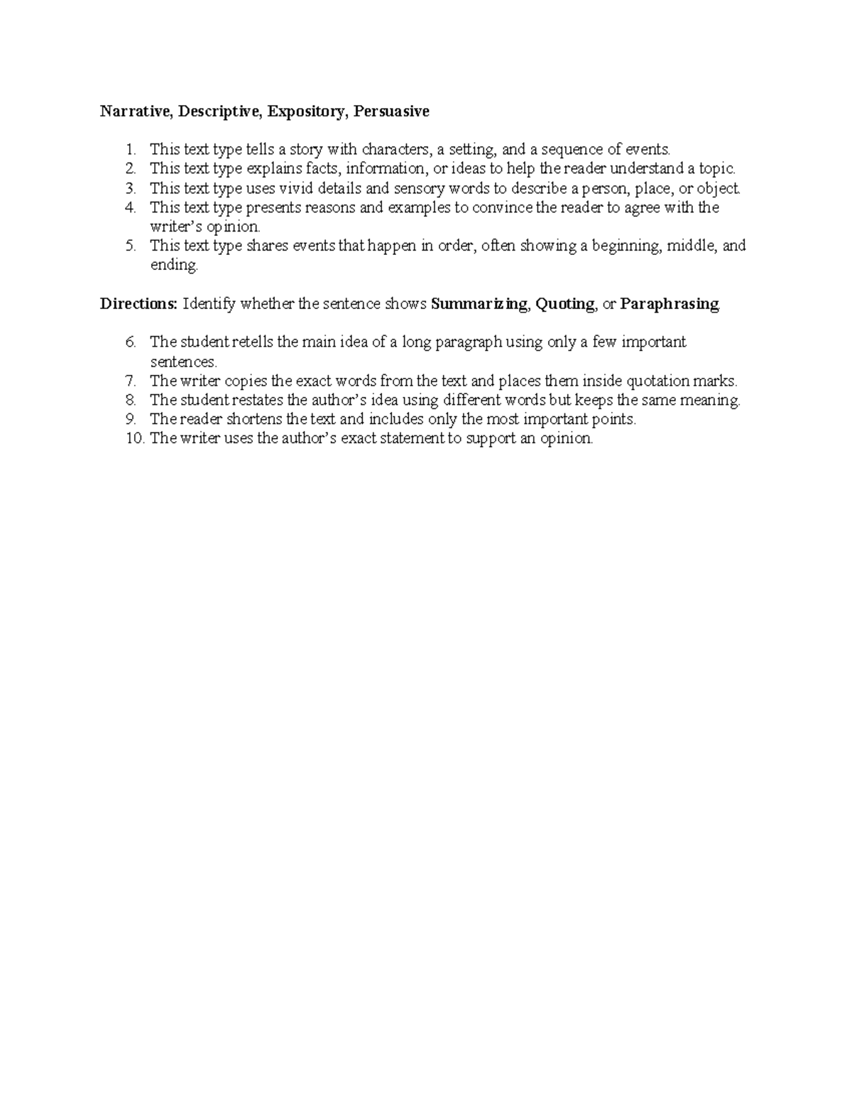 Text Type Quiz - English 7: Narrative, Descriptive, Expository ...