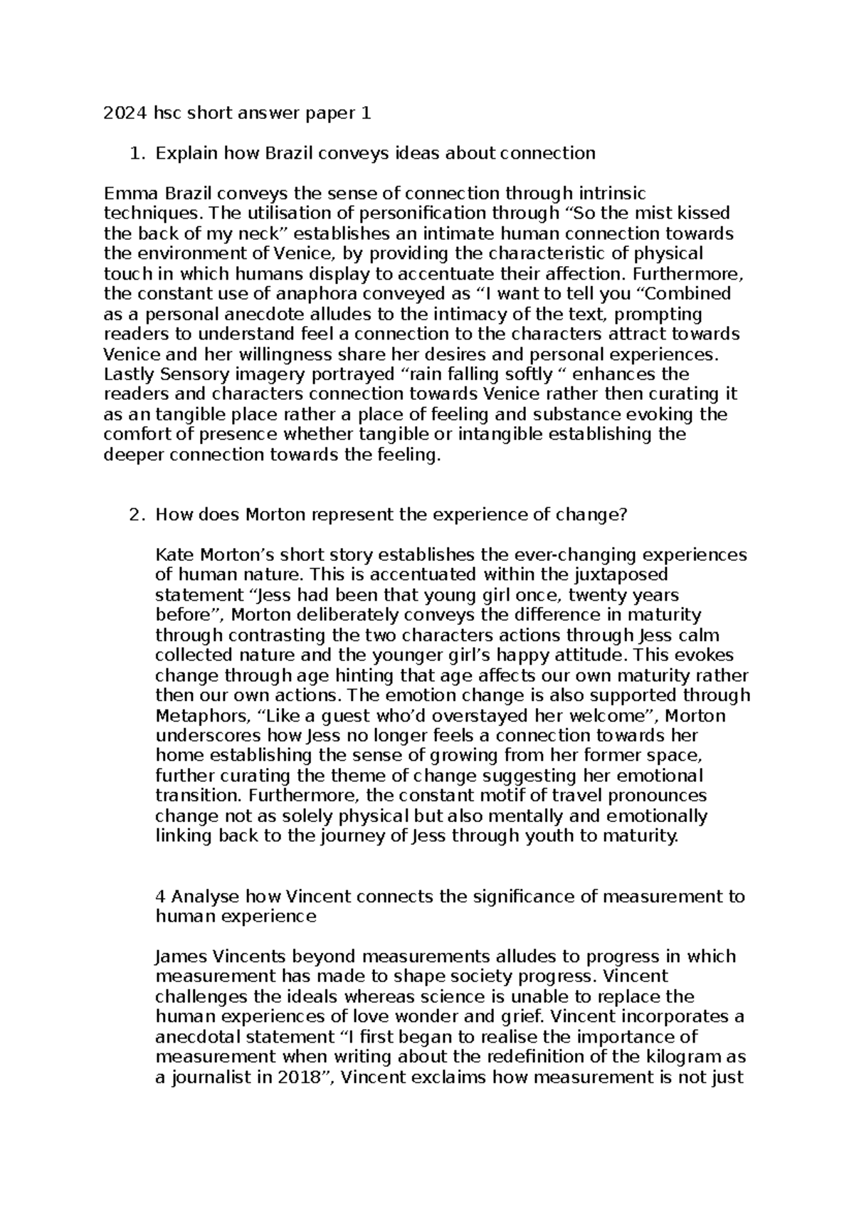 2024 HSC Short Answer Paper 1: Analyzing Connection and Change - Studocu