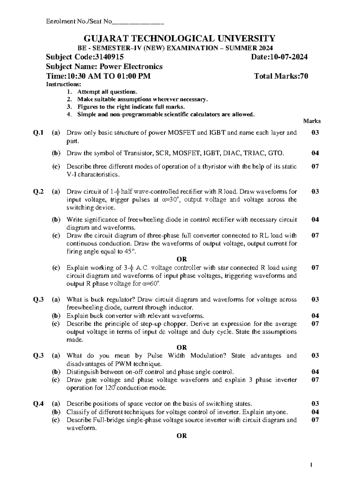 Power Electronics Exam Guide - GTU BE Summer 2024 (Code: 3140915) - Studocu