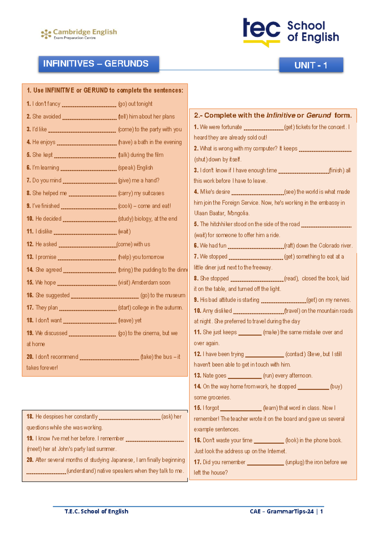 Infinitives and Gerunds Practice - T.E.C. School of English CAE 1 - Studocu