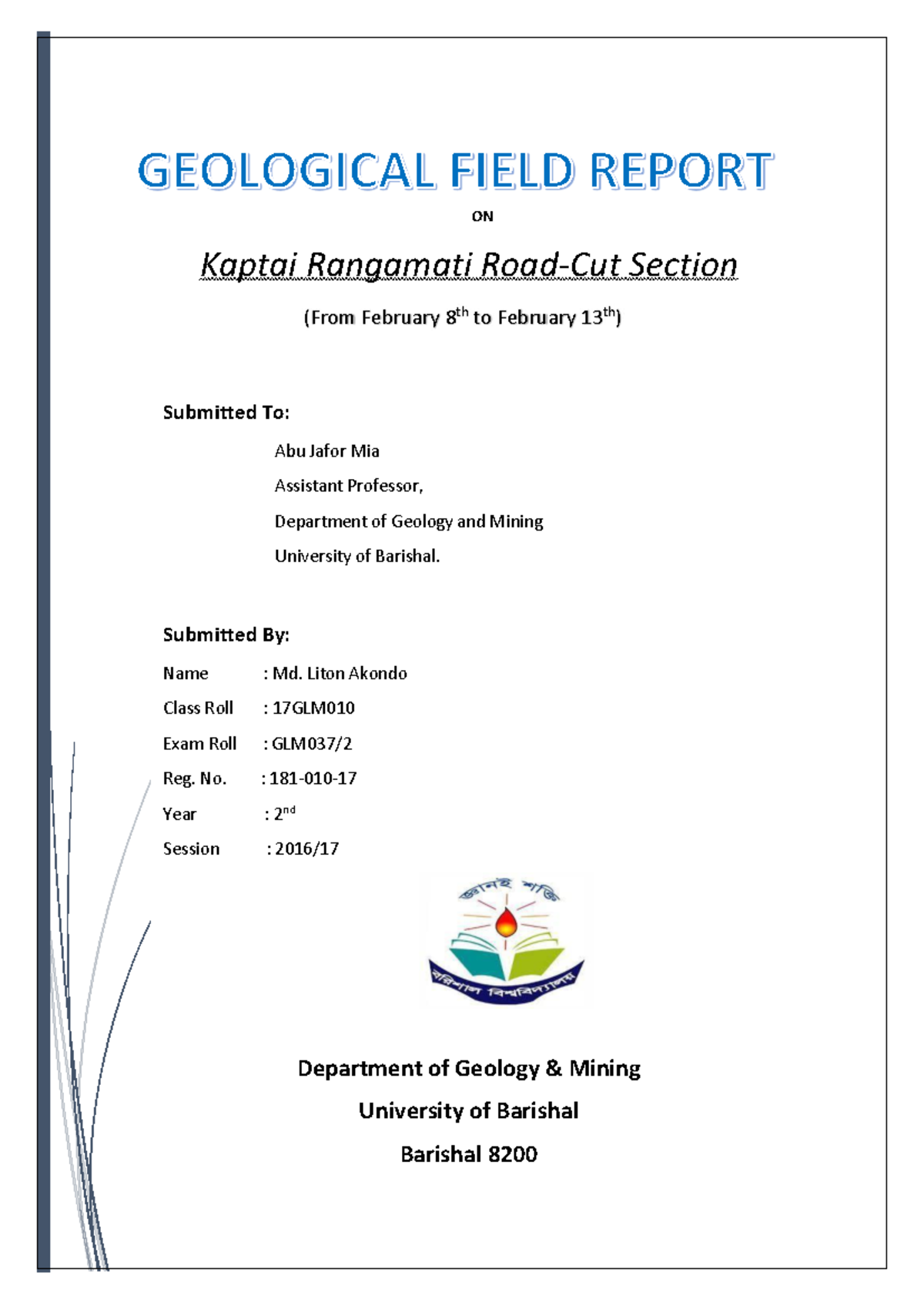 Field Report: Geological Features of Kaptai Rangamati (GLM037) - Studocu