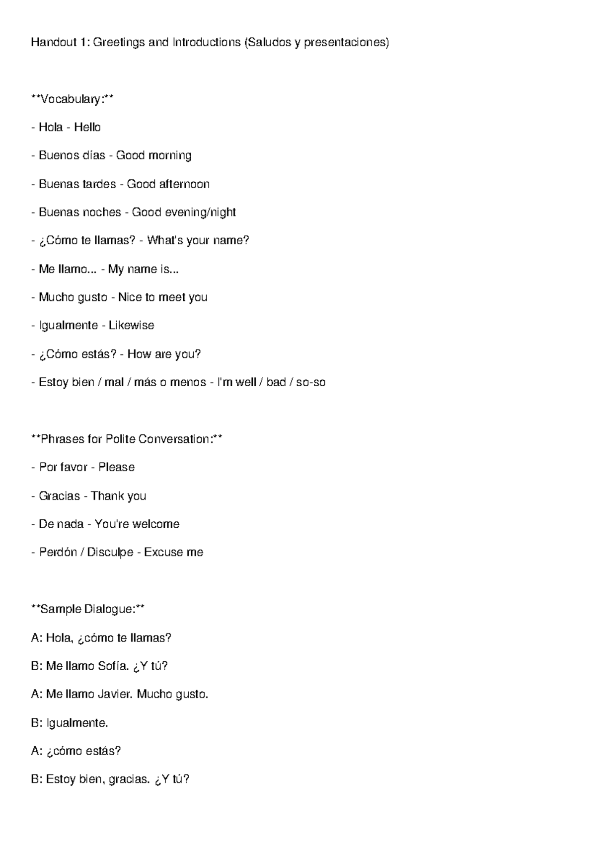 Handout 1 - notes - Handout 1: Greetings and Introductions (Saludos y ...