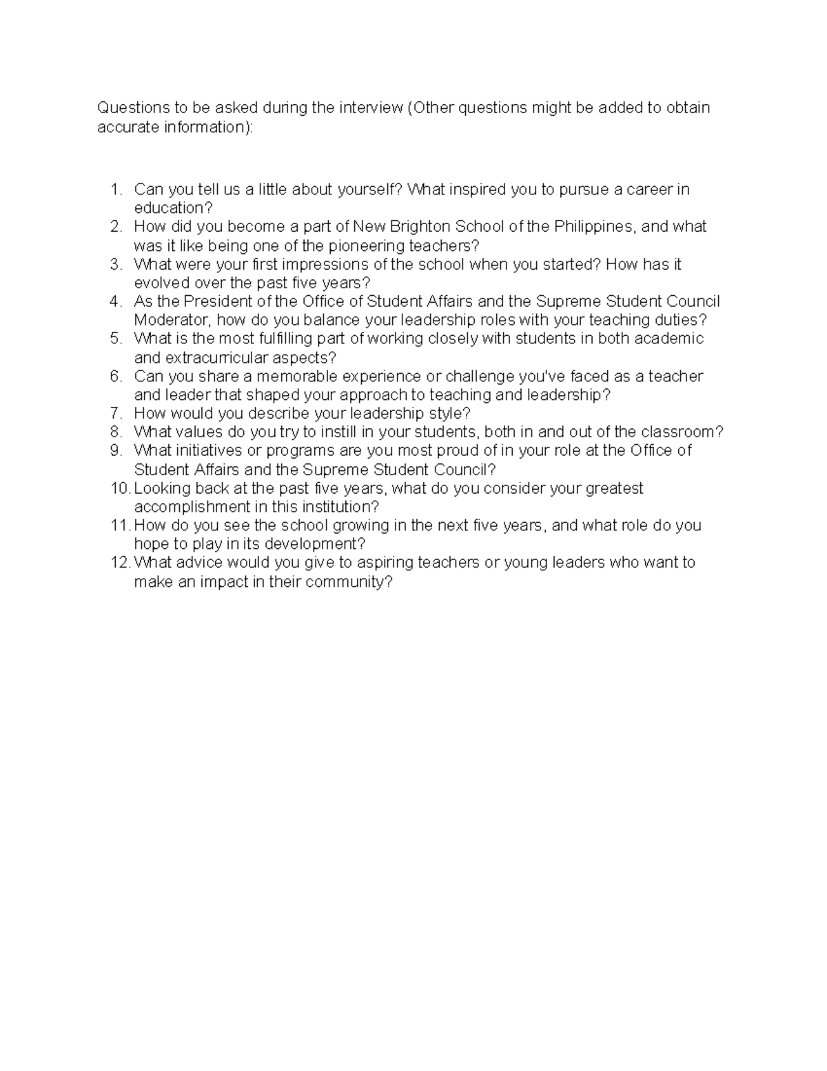 SAMPLE QUESTS for One-one - Questions to be asked during the interview ...