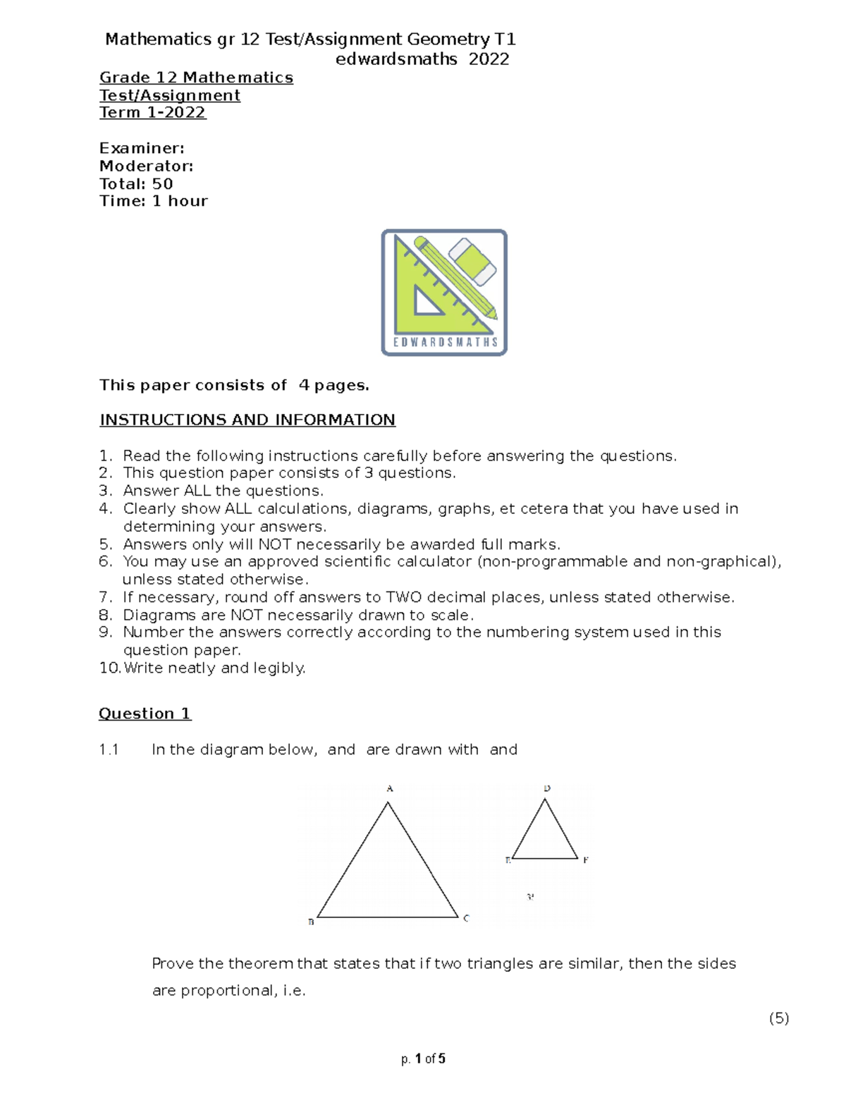 Gr 12 Edwardsmaths Geometry Test T1 2022 - Instructions & Questions ...