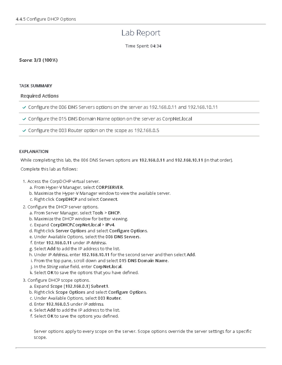 DHCP Configuration Lab Report (4.4.5) - Settings & Guidelines - Studocu