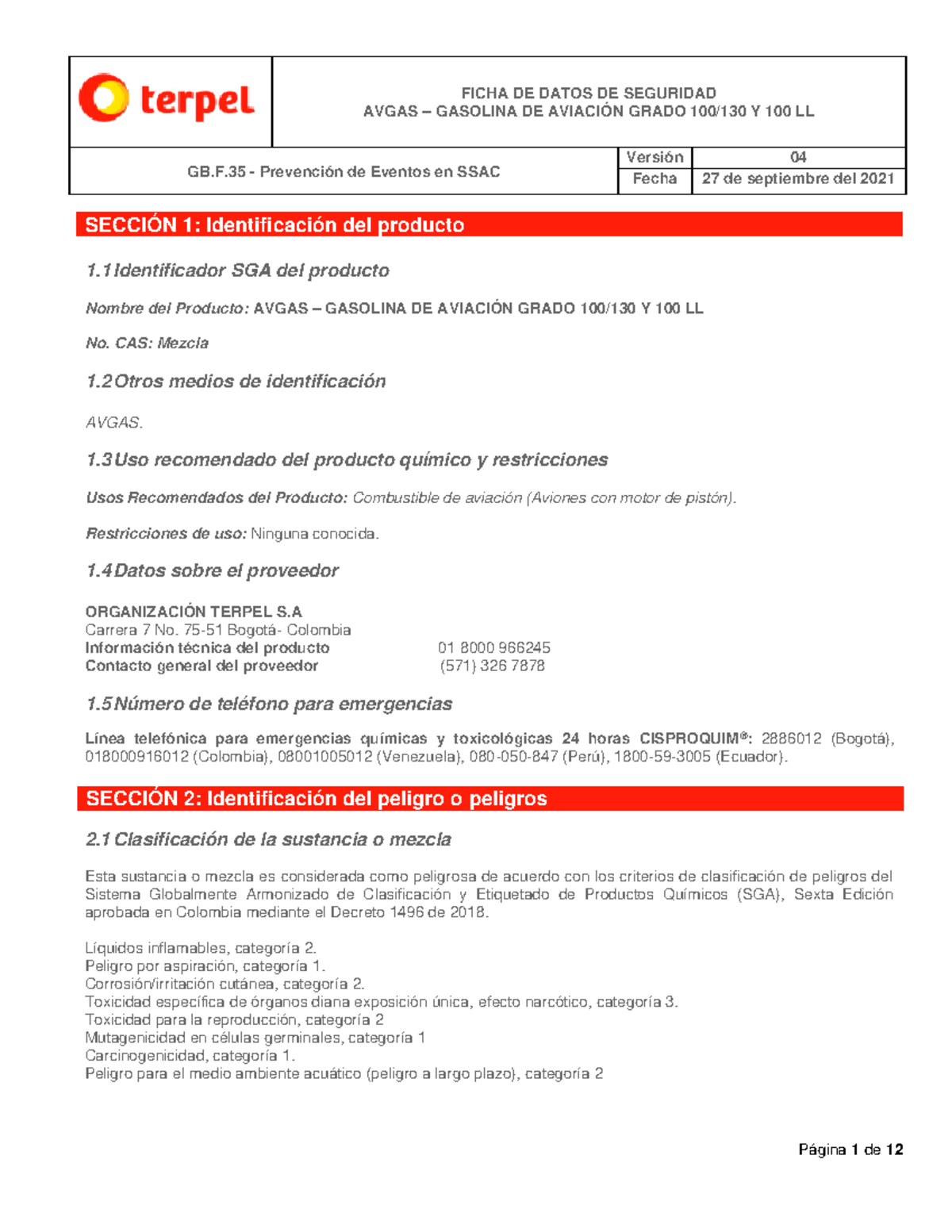 Hoja de Seguridad de Gasolina AVGAS 100/130 – Terpel – Versión 04 - Studocu