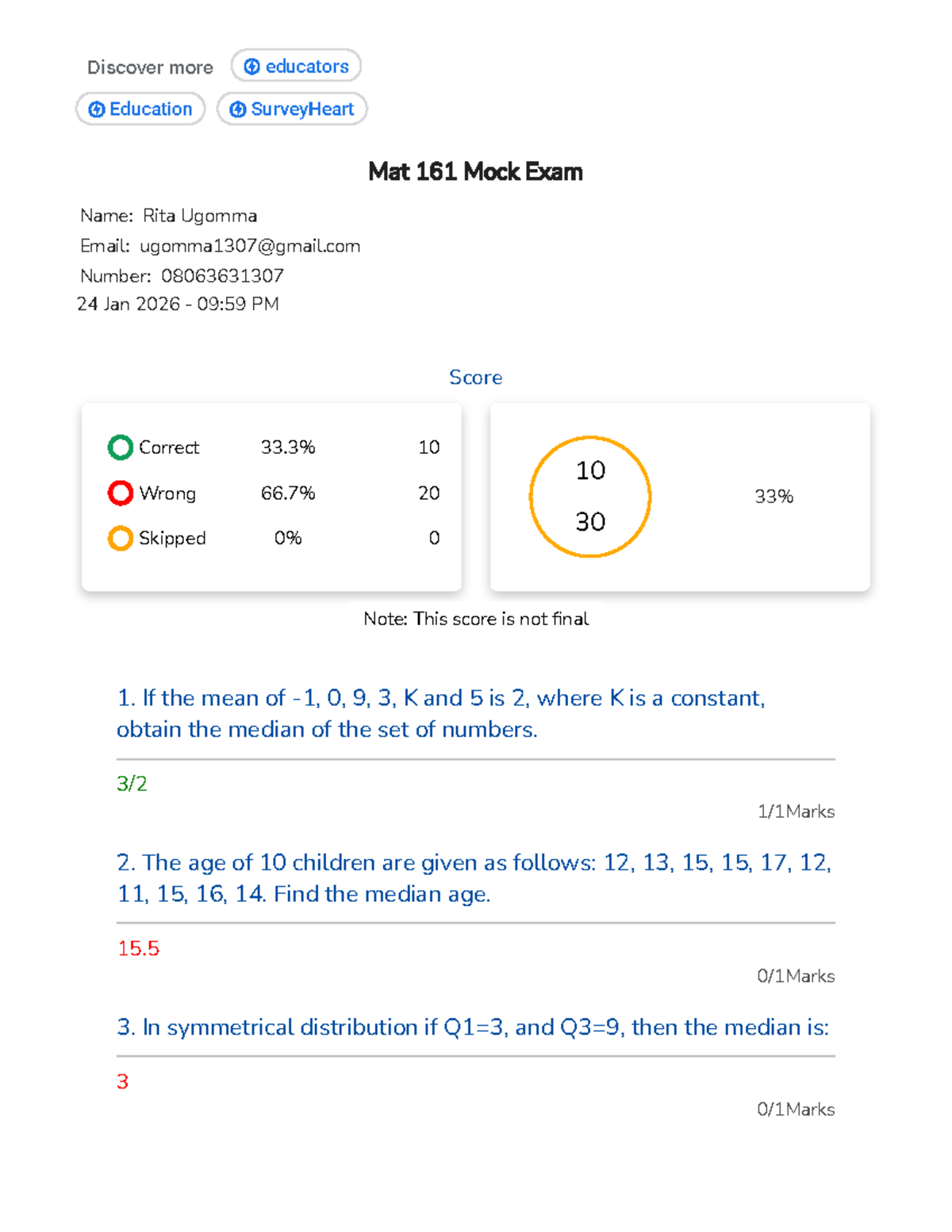 Math 161 Mock Exam Answer Sheet: Educators' Education Survey - Studocu