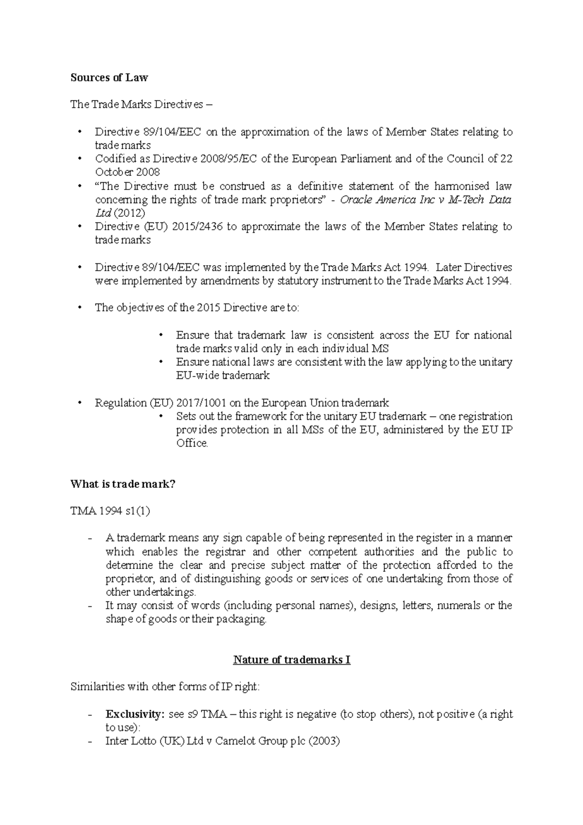Trademark seminar 6 - Sources of Law The Trade Marks Directives ...