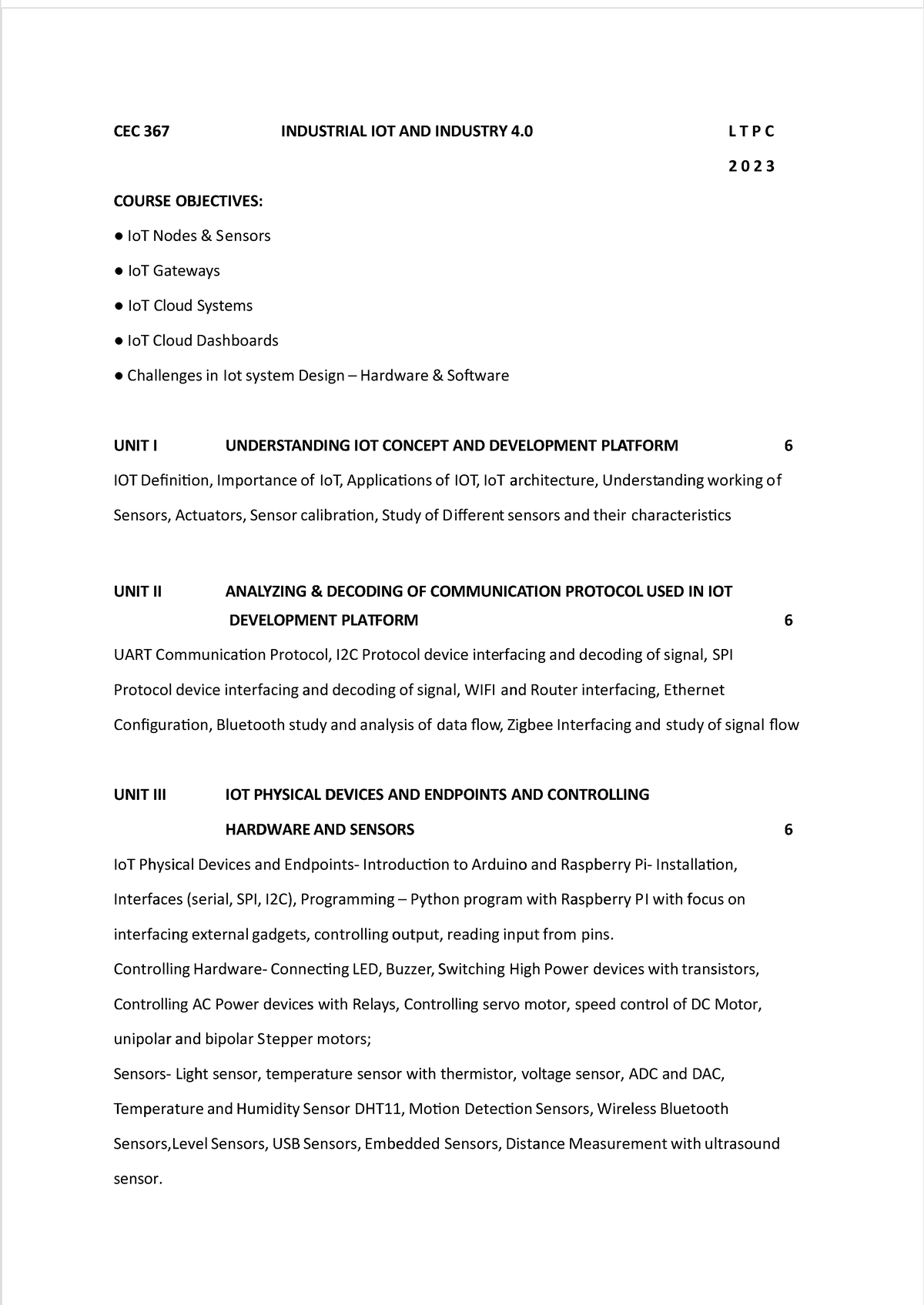 CEC 367 Industrial IoT and Industry 4.0 Course Syllabus 2023 - Studocu