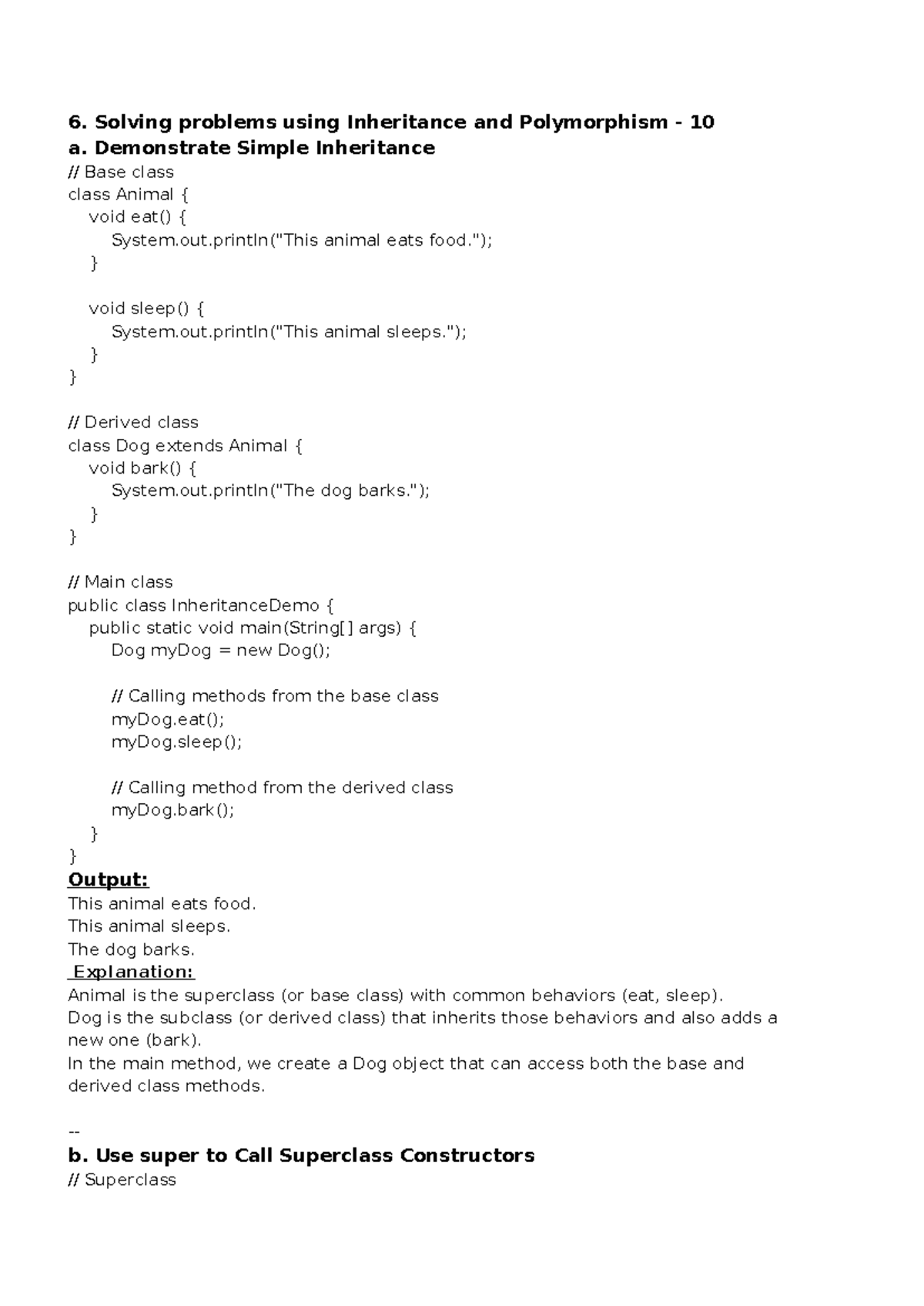 Exercise 6: Java Lab Programs on Inheritance & Polymorphism - Sec B - Studocu