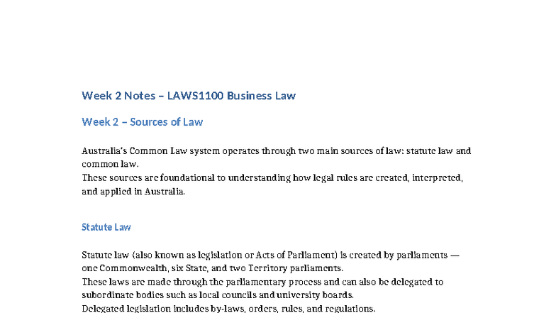 Week 2 Notes on Sources of Law in LAWS1100 Business Law - Studocu