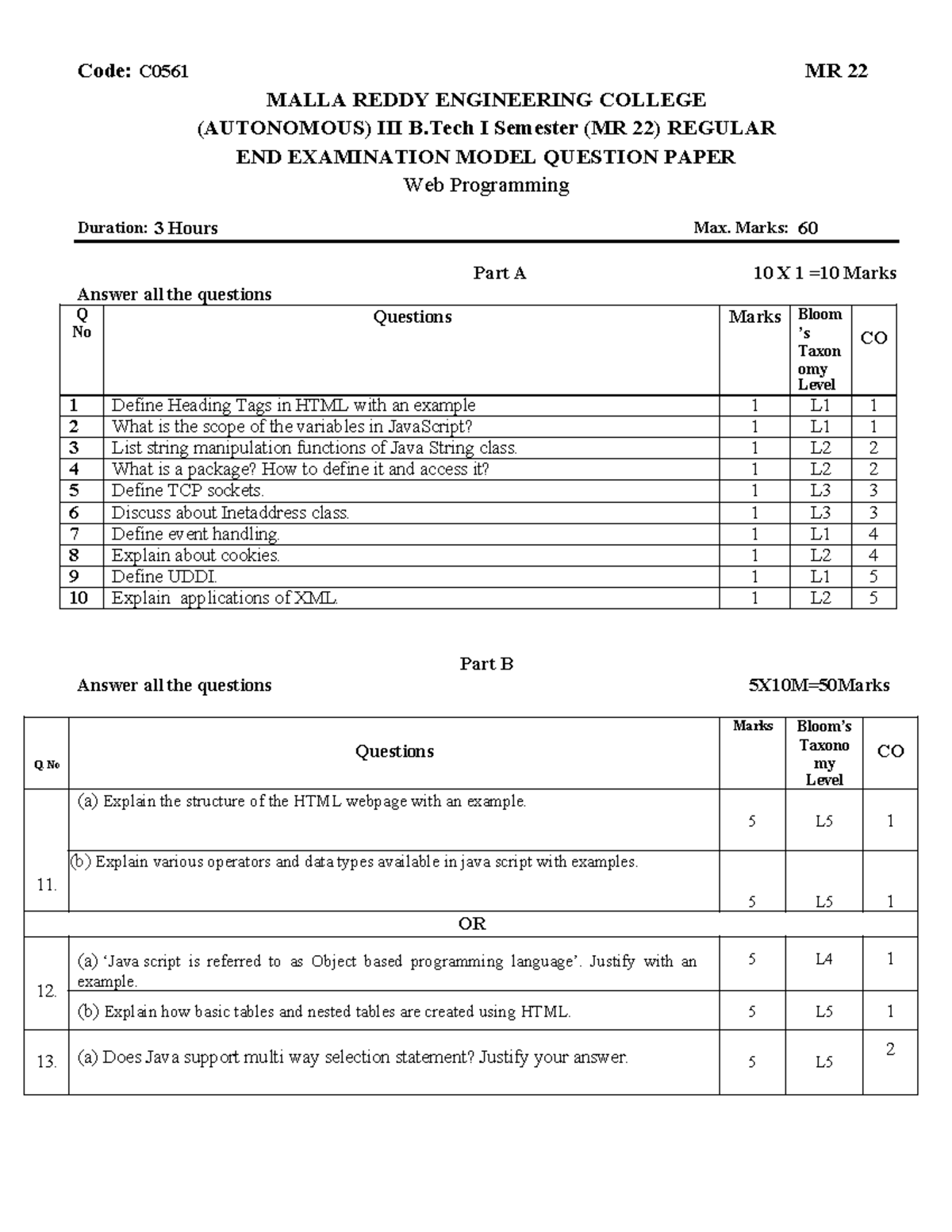 C0561 MR 22 Web Programming B.Tech I Sem Regular Exam Model Paper - Studocu