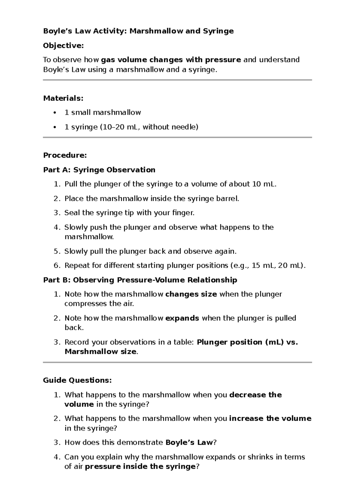 Boyle's Law Experiment: Marshmallow & Syringe Activity - Studocu