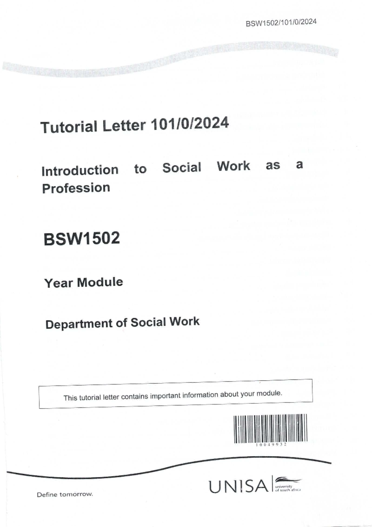 BSW1502 Tutorial Letter: Introduction to Social Work Module Overview ...