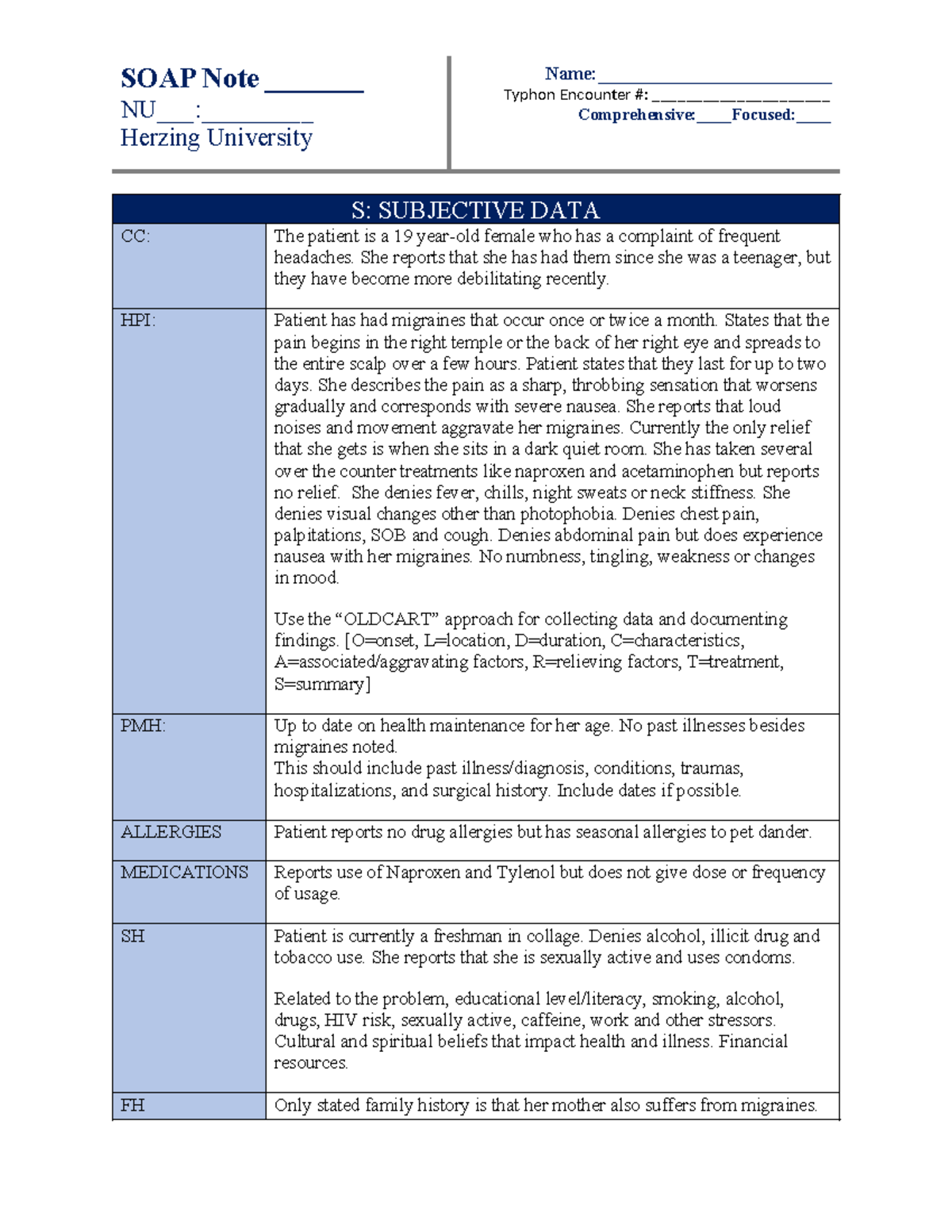 SOAP Note subjective - SOAP Note _______ NU___:_________ Herzing ...