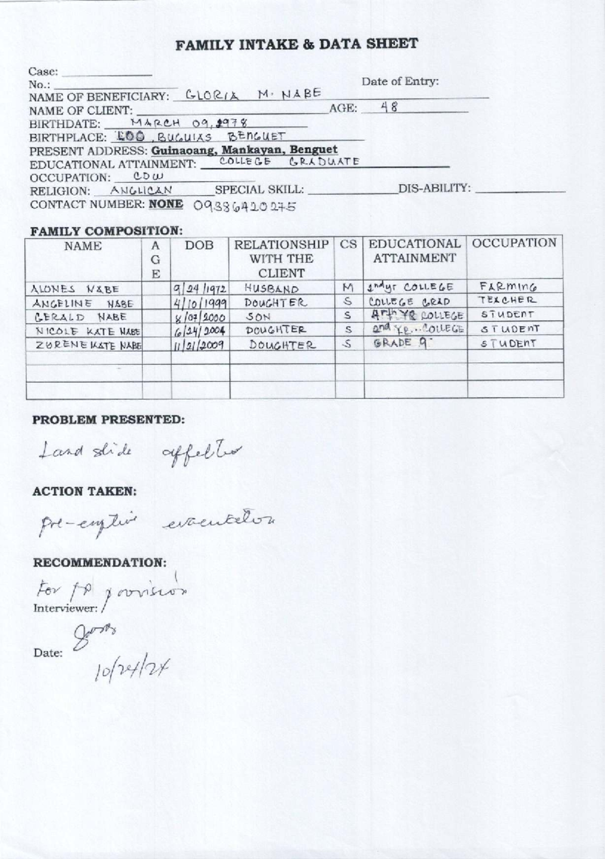Intake Sheets - Kristine - FAMILY INTAKE DATA SHEET Case: No.: Date of ...