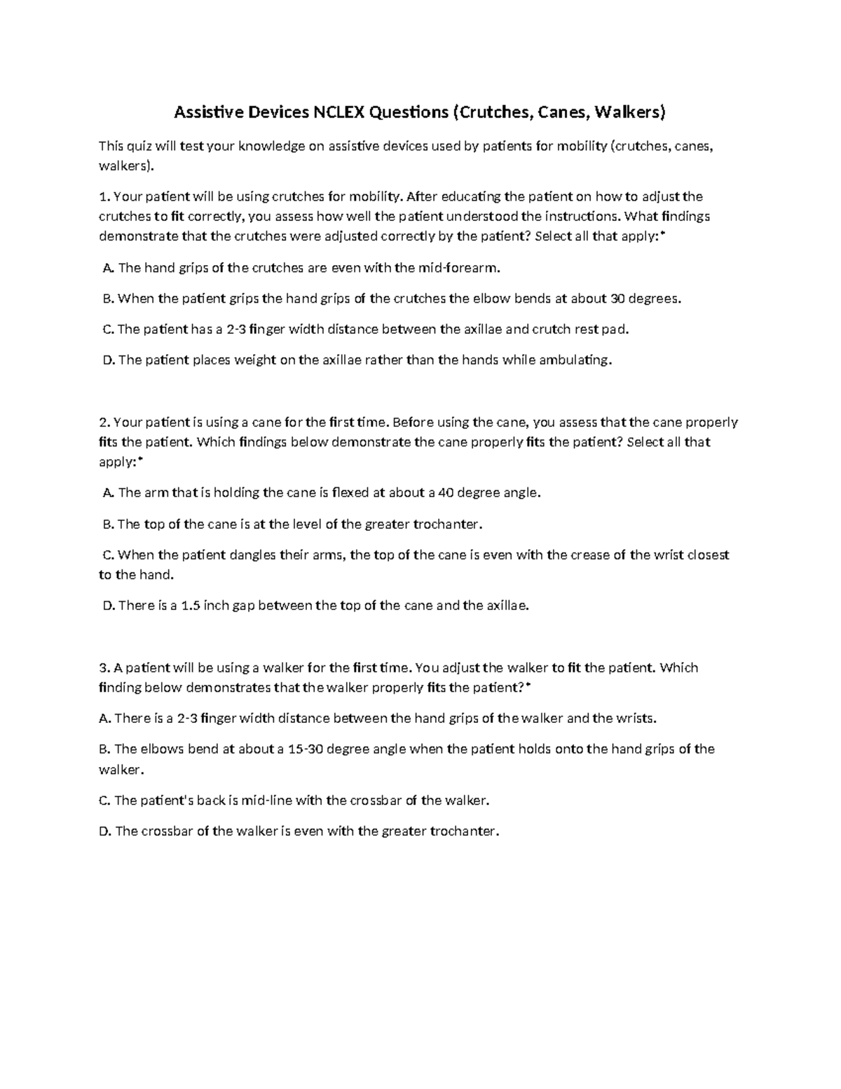 Assistive Devices NCLEX Quiz: Crutches, Canes, Walkers Worksheet 1 ...