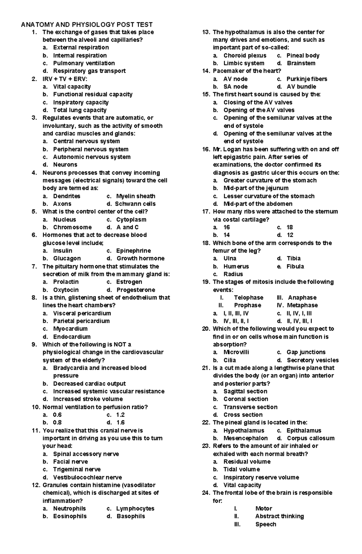 ANATOMY AND PHYSIOLOGY POST TEST 1: Comprehensive Review Questions ...