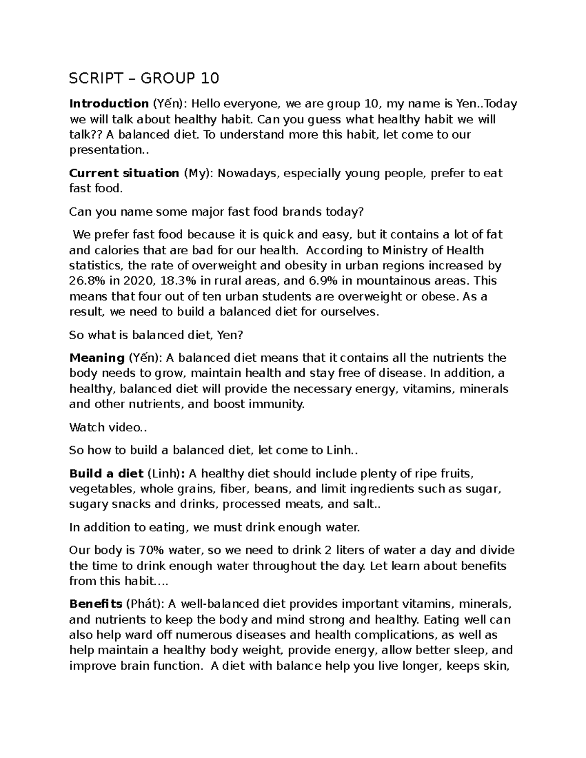 Healthy Habits Presentation: Balanced Diet Insights (Group 10) - Studocu