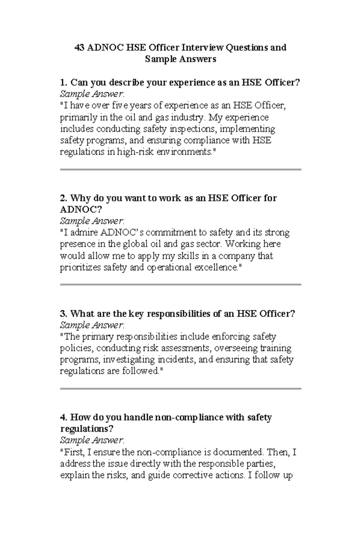 43 ADNOC HSE Officer Interview Questions with Sample Answers - Studocu