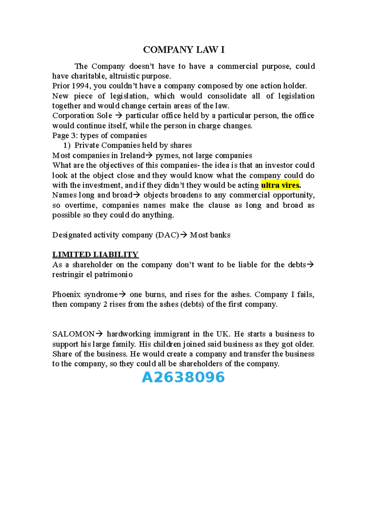 Company LAW I - First two classes - COMPANY LAW I The Company doesn’t ...