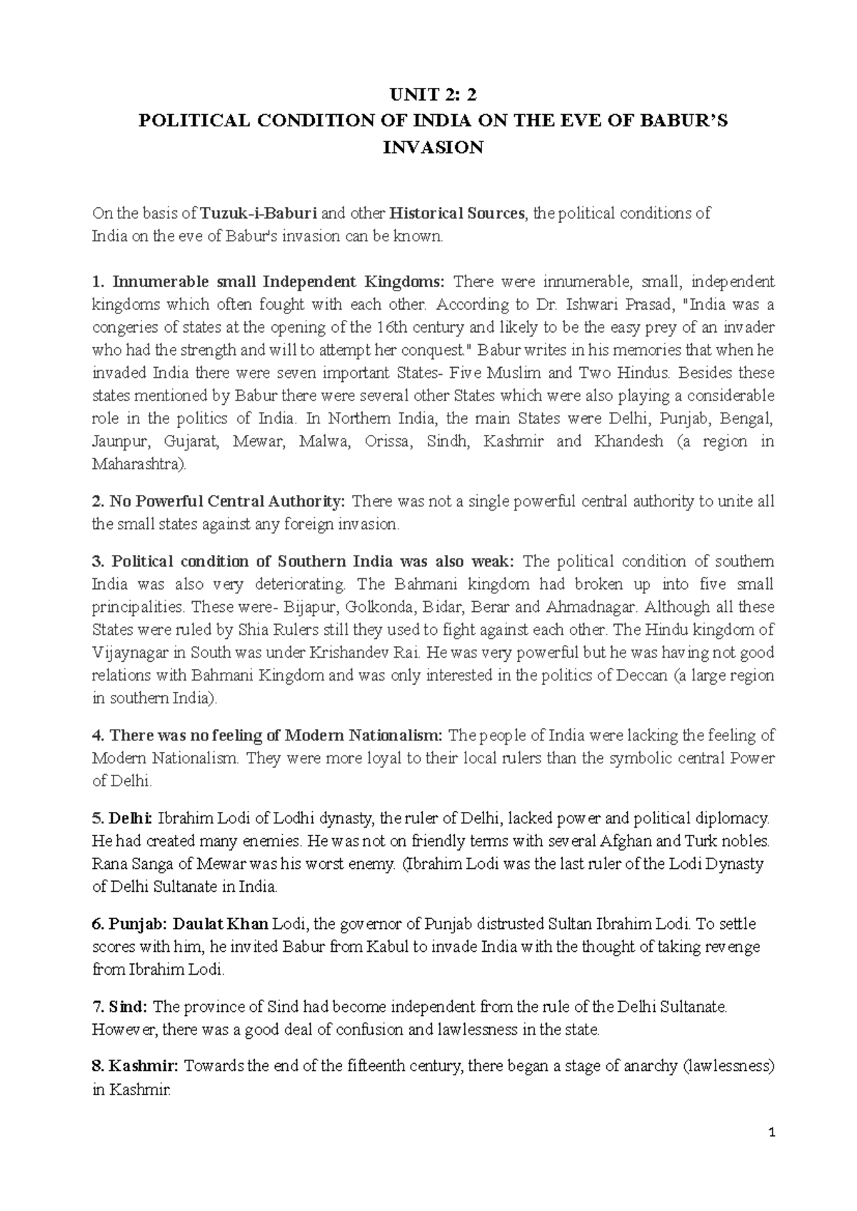 Political Condition of India on the Eve of Babur's Invasion (Unit 2.2 ...