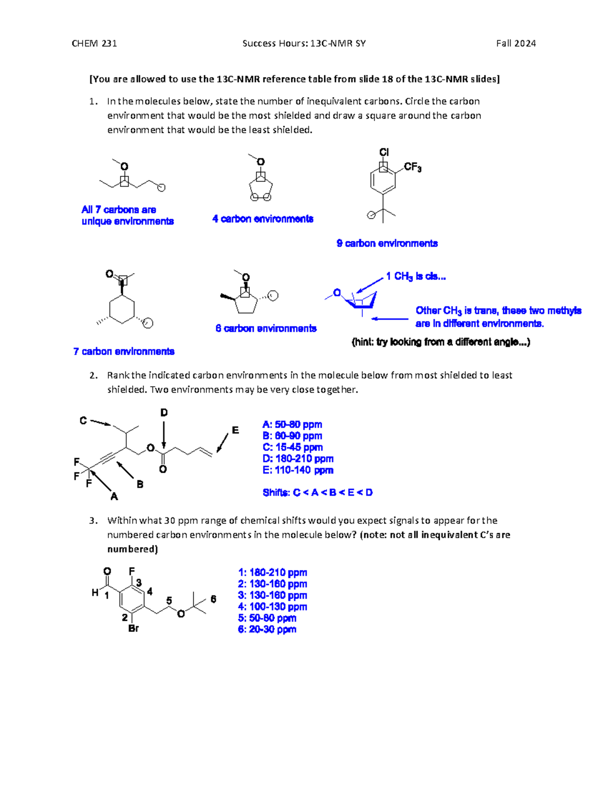 CHEM 231 13C-NMR Problems KEY - Practice Guide for Fall 2024 - Studocu