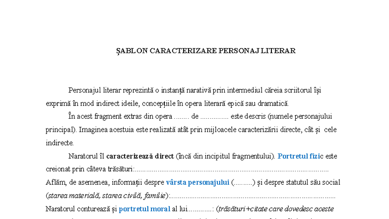 Șablon Analiză Caracterizare Personaj Literar - Studocu