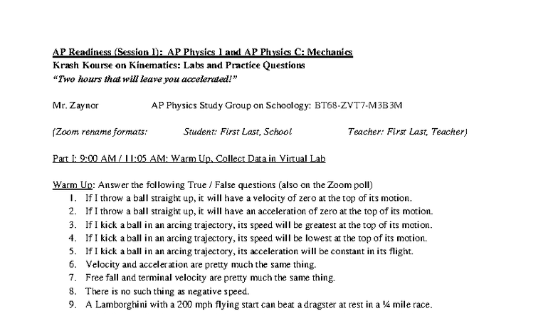 AP Physics 1 & C: Mechanics - Kinematics Lab & Practice Qs (Sept 2025 ...