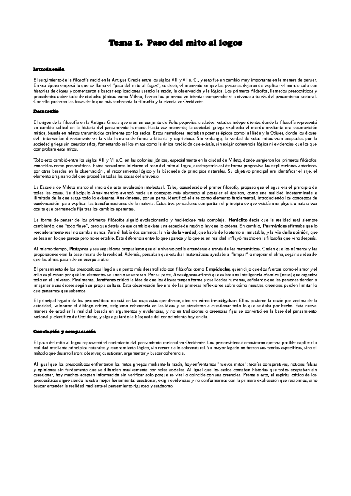 Temario Definitivo de Filosofía: Del Mito al Logos y Más - Studocu
