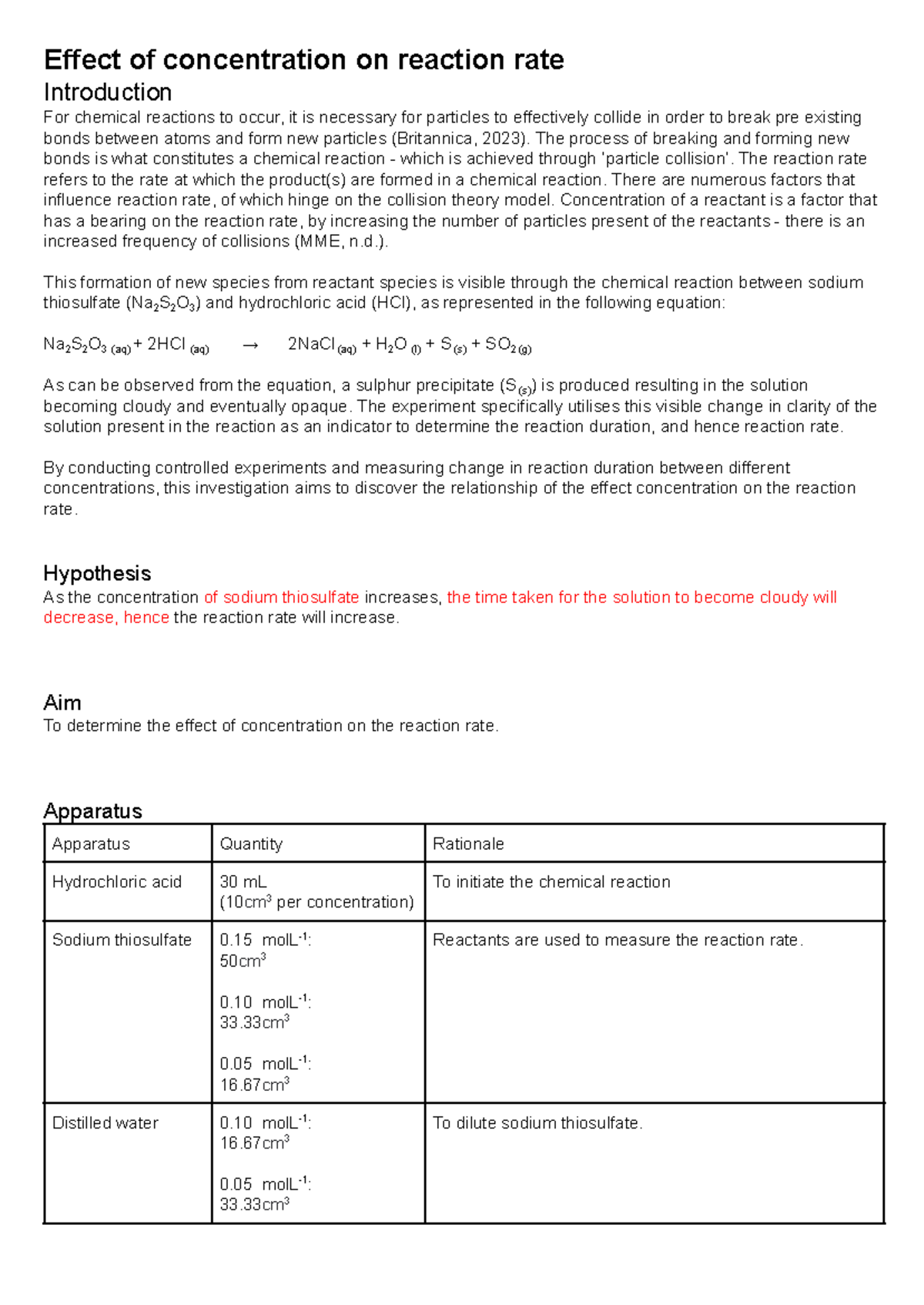 Chemistry Year 11: Effect of Concentration on Reaction Rate Report ...
