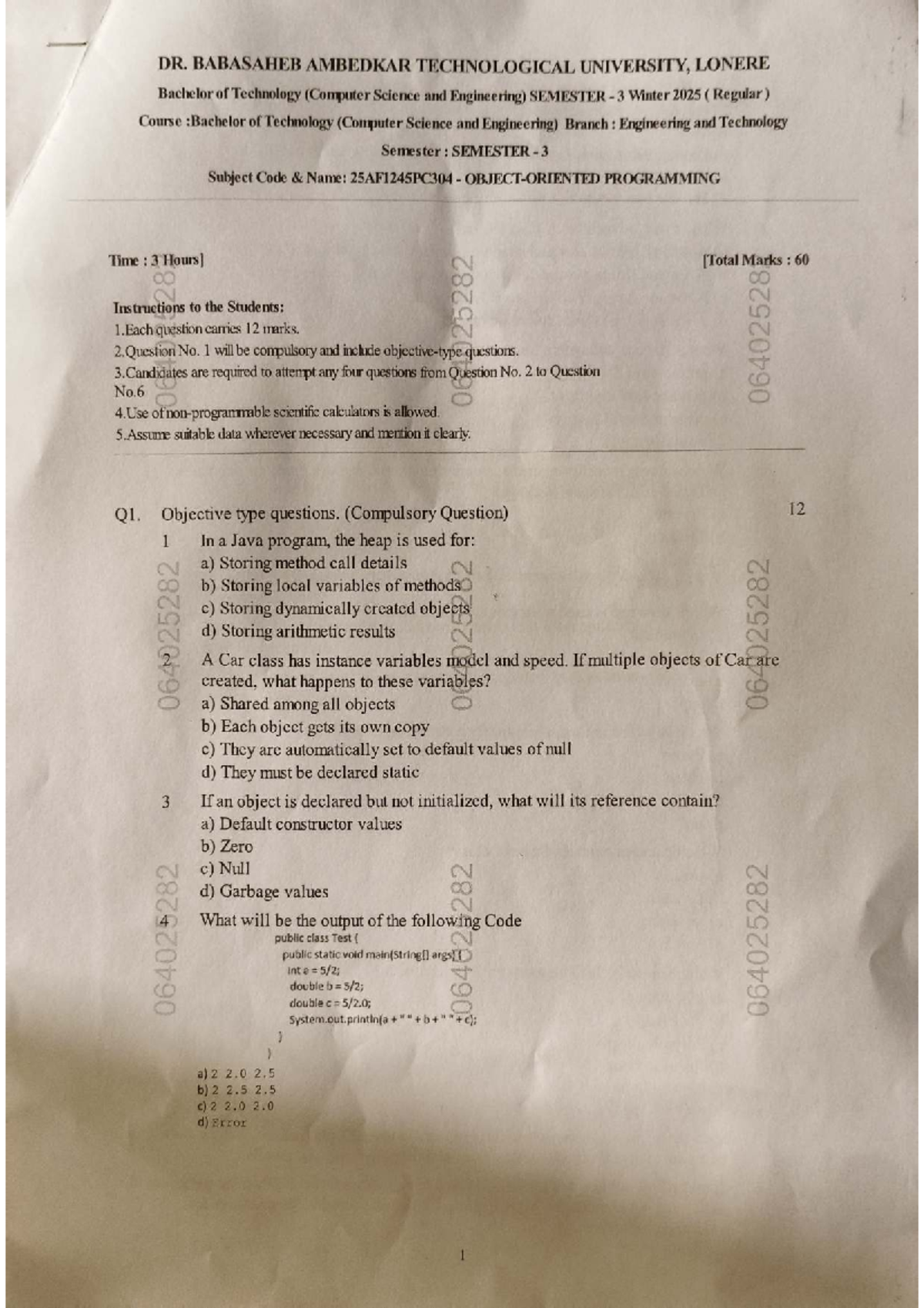 OOP - Programming Q&A Paper (B.Tech CSE SEM 3) Winter 2025 - Studocu