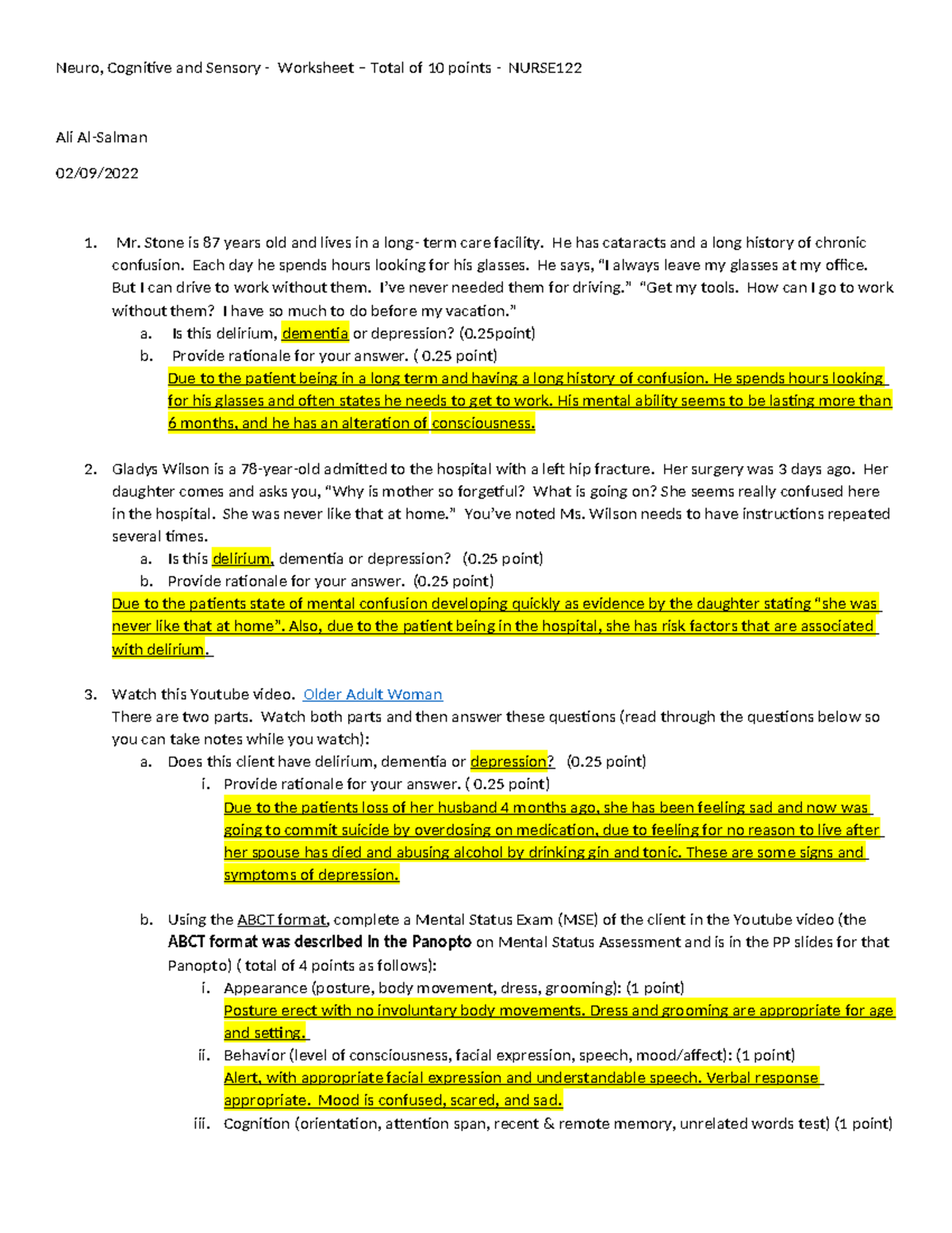 NURSE Neuro Cognitive & Sensory Worksheet for Assessment - Studocu