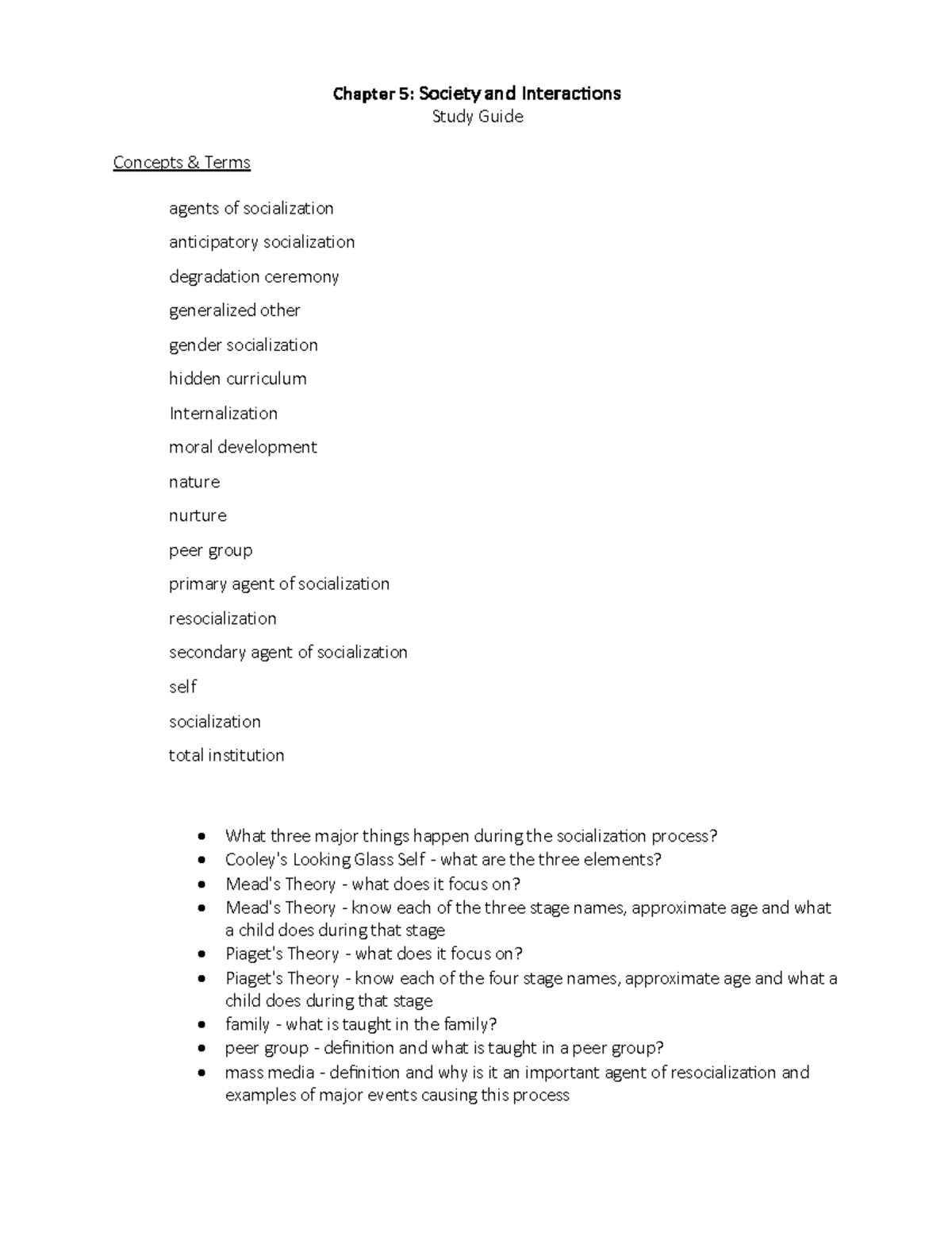 Chapter 5: Socialization Study Guide - Key Concepts & Theories - Studocu