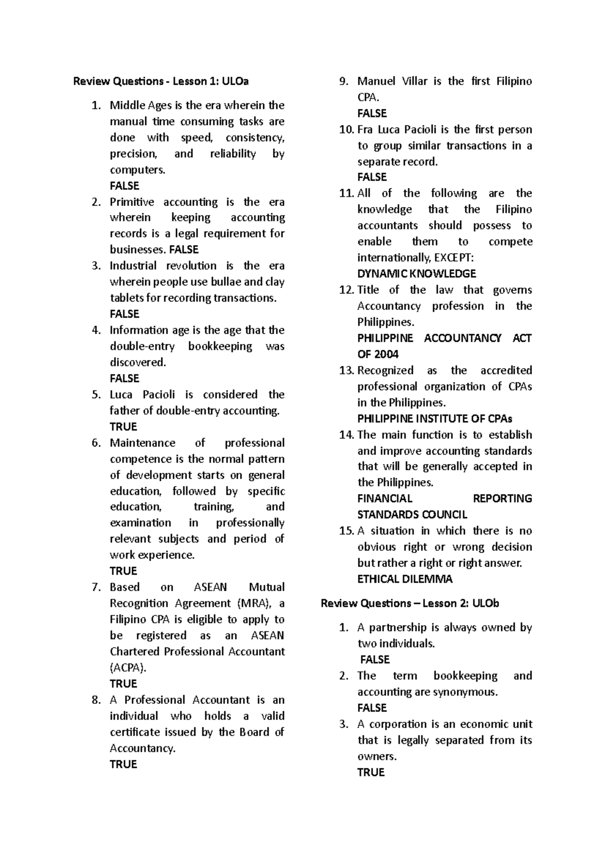 ACC111 Quipper Answers FINANCIAL ACCOUNTING AND REPORTING (ACC111 ...