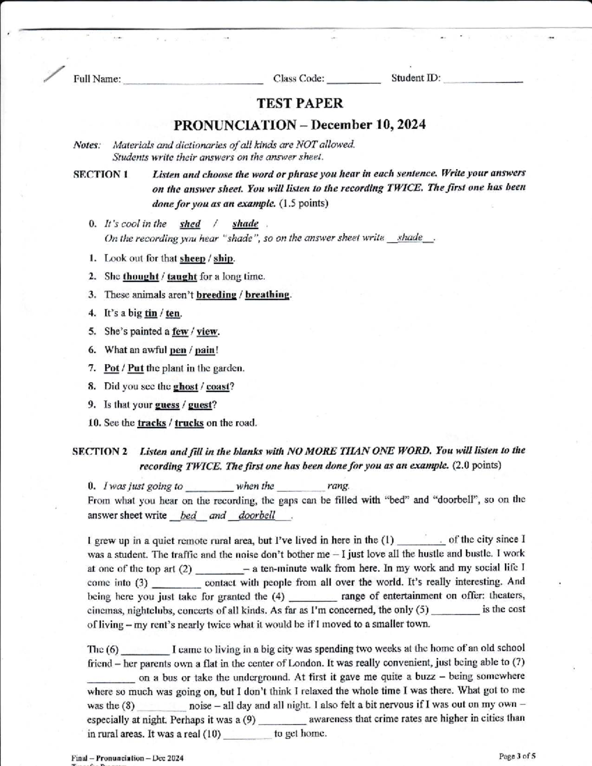 Pronunciation Test Paper - December 2024 - Studocu