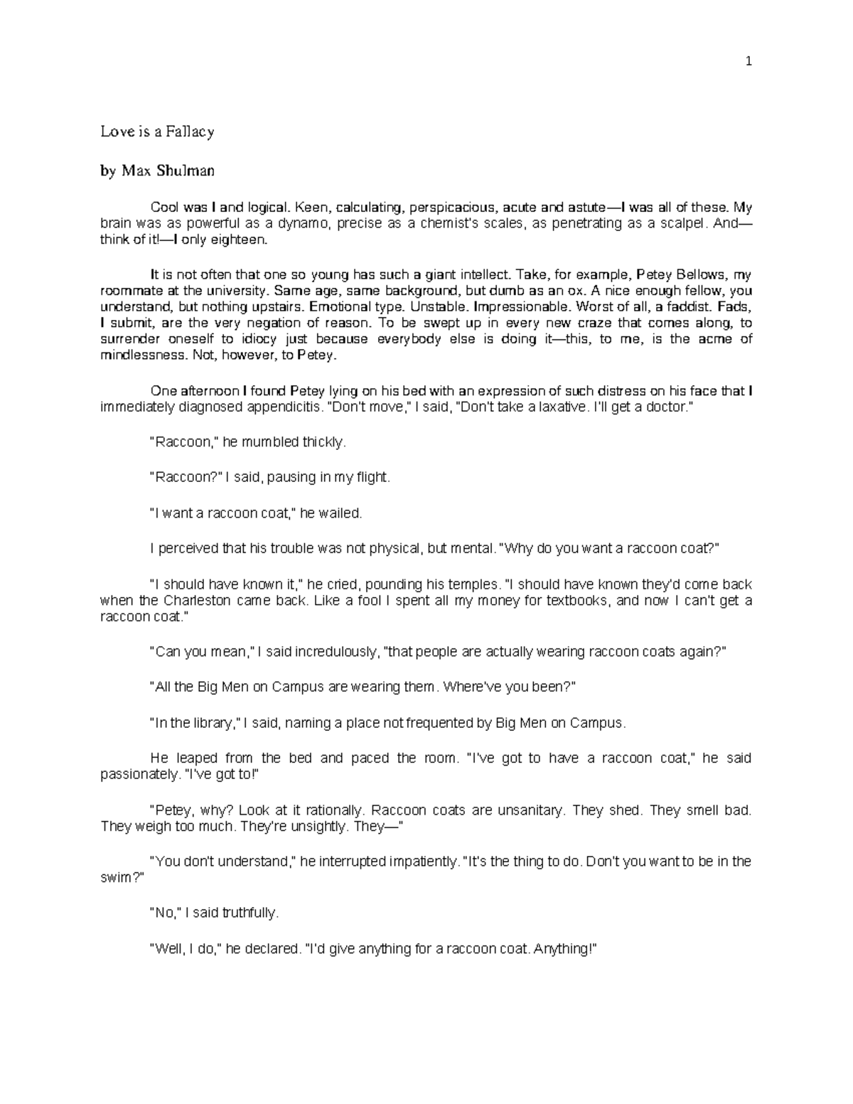 Love is a Fallacy: Analyzing Logic and Relationships in Max Shulman's ...