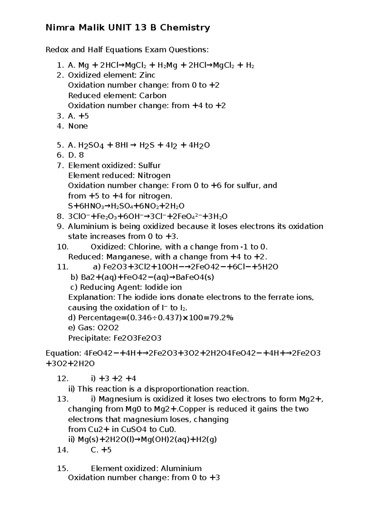Redox & Half Equations Exam Questions - Chemistry UNIT 13 B - Studocu