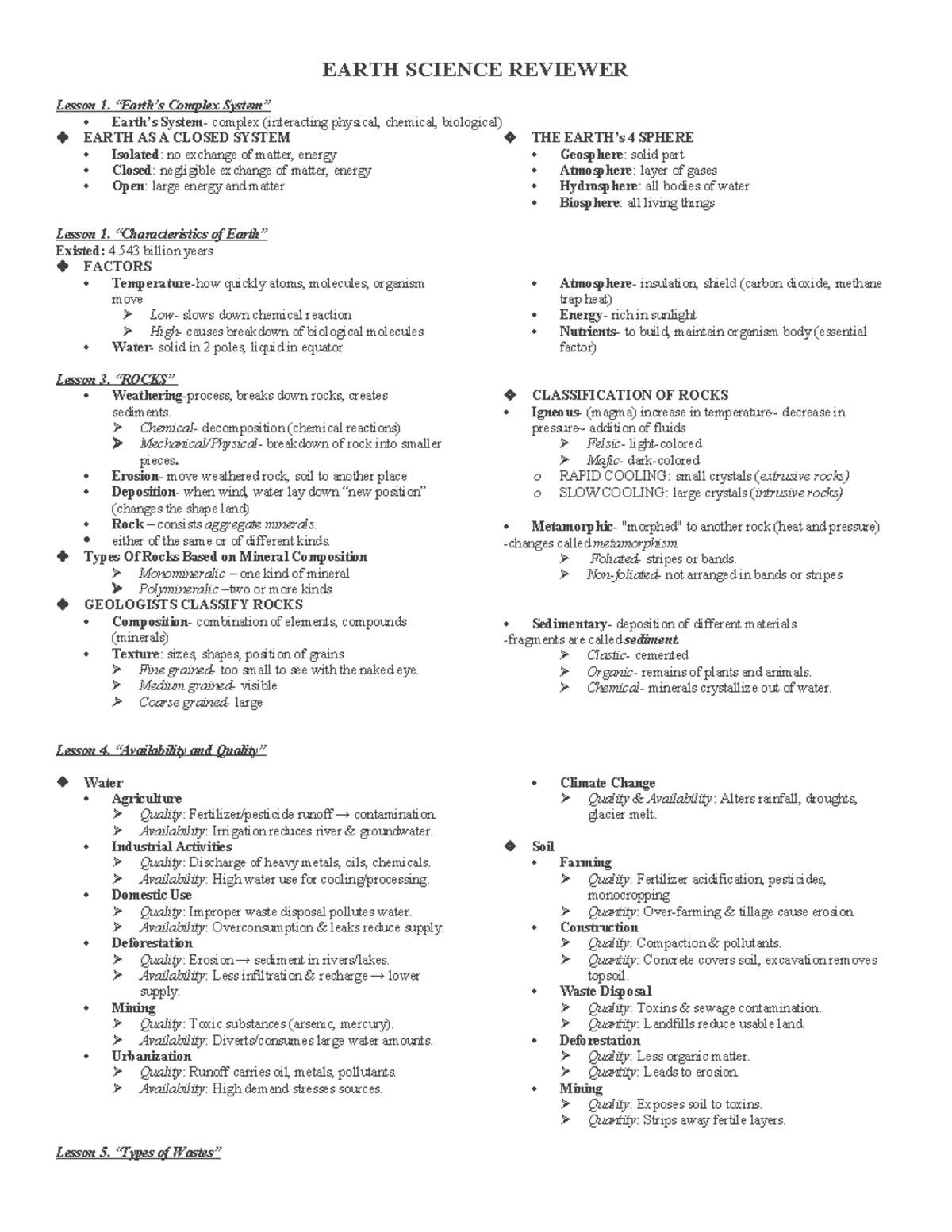 Earth Science Reviewer (Q1): Understanding Earth's Closed System - Studocu