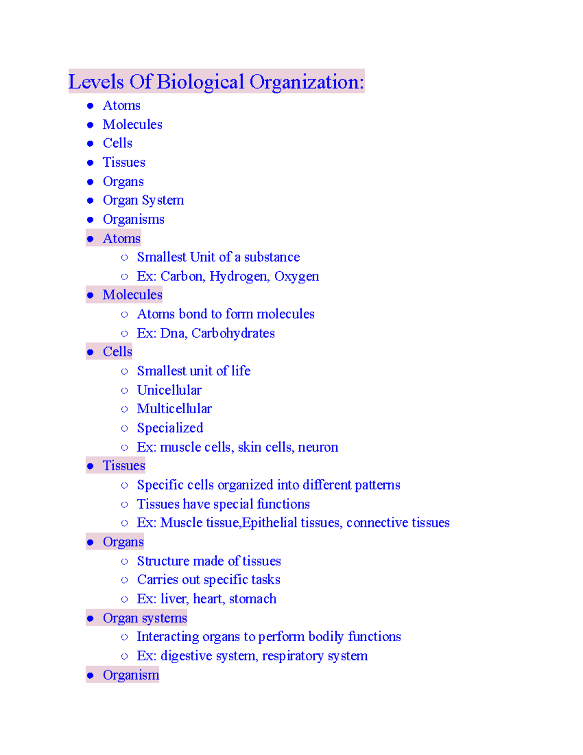 Intro to Biology Levels of Biological Organization - Levels Of ...
