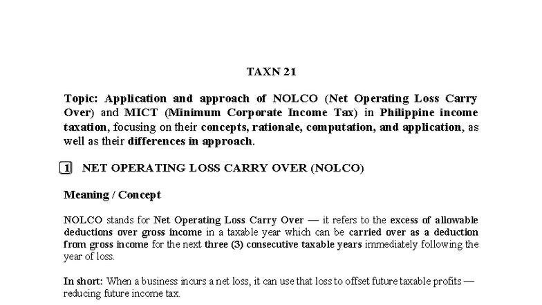 TAXN 21 Final Exam: NOLCO & MCIT in Philippine Taxation Analysis - Studocu
